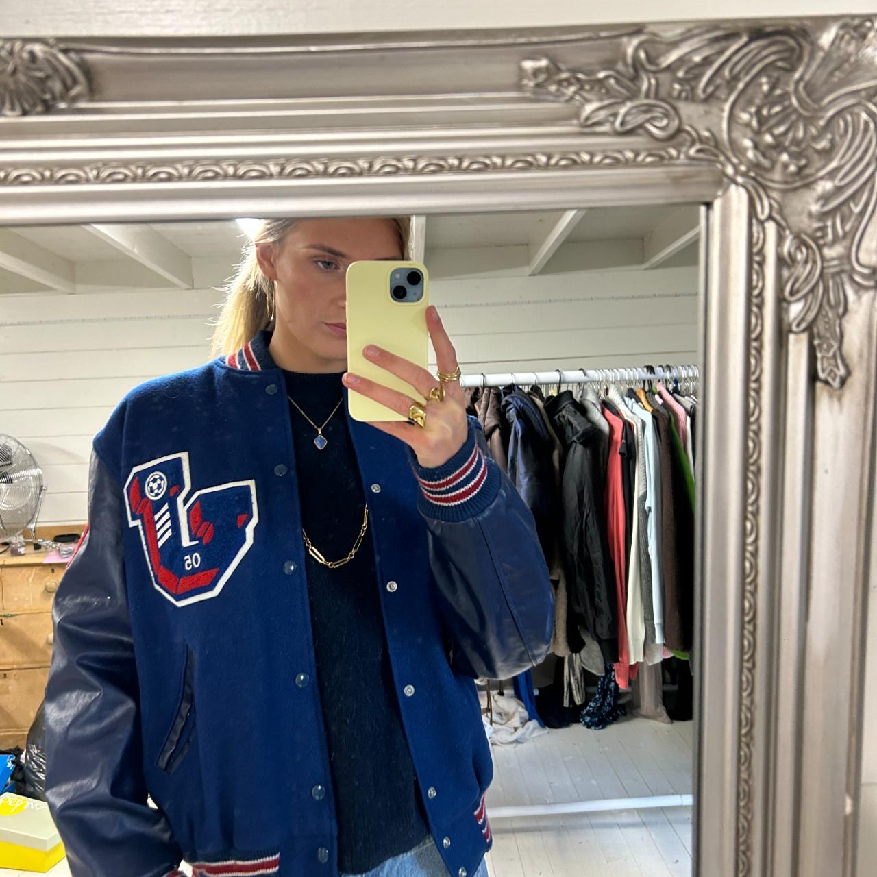 really cool jacket bomber jaket blue- leather... - Depop