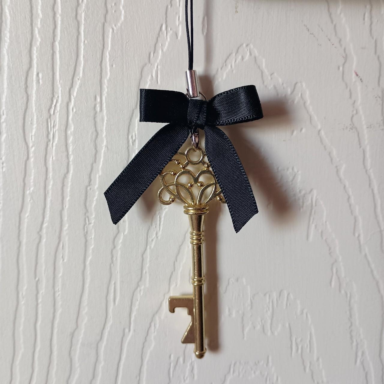 Black coquette key cellphone strap - Black satin bow... | Depop