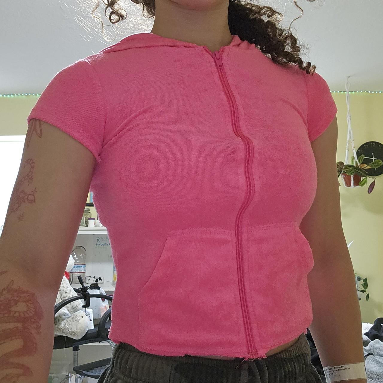 Neon pink 2000s Terry cloth zip up tee ( Shown in... - Depop