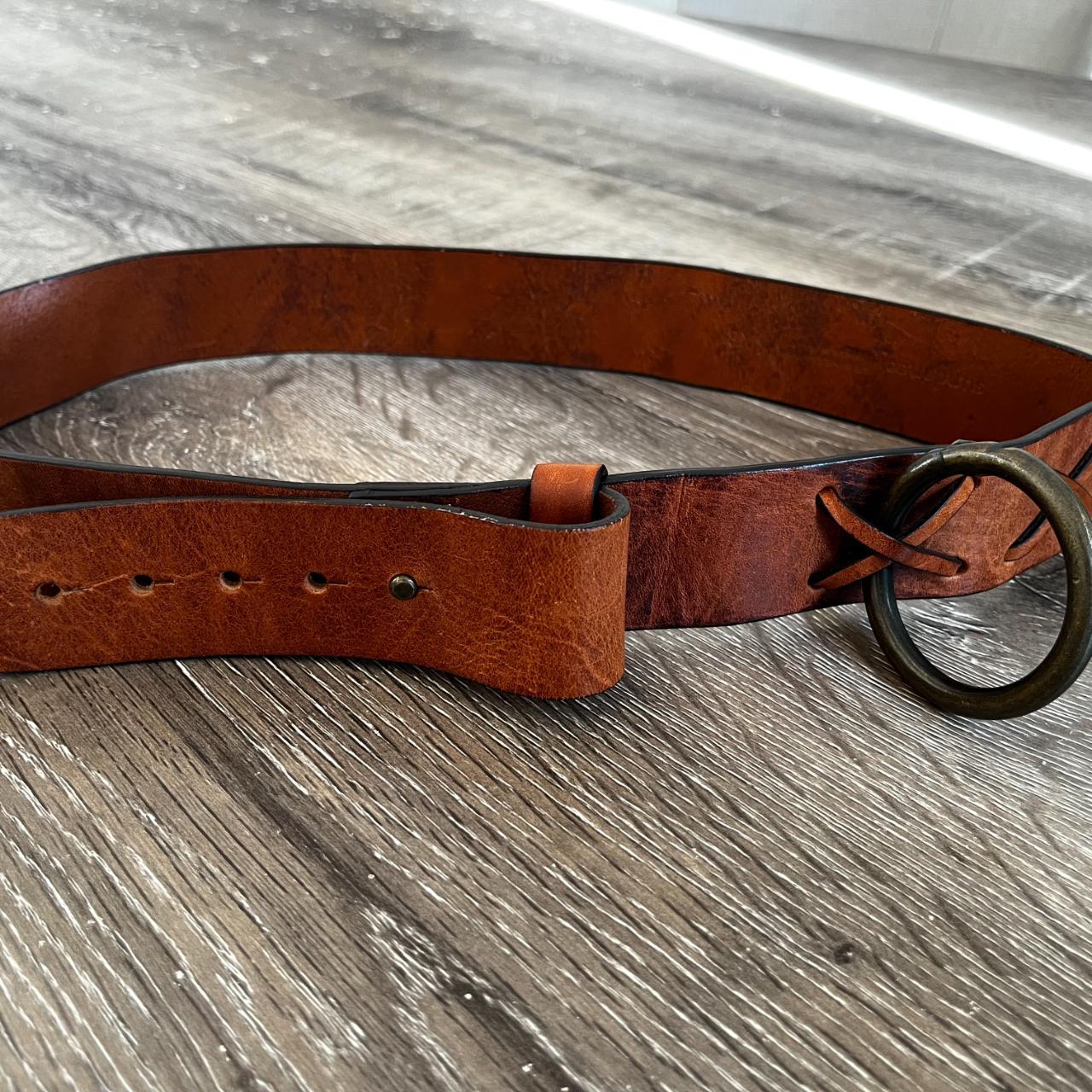 vintage brown leather belt with hoop detail, perfect... - Depop
