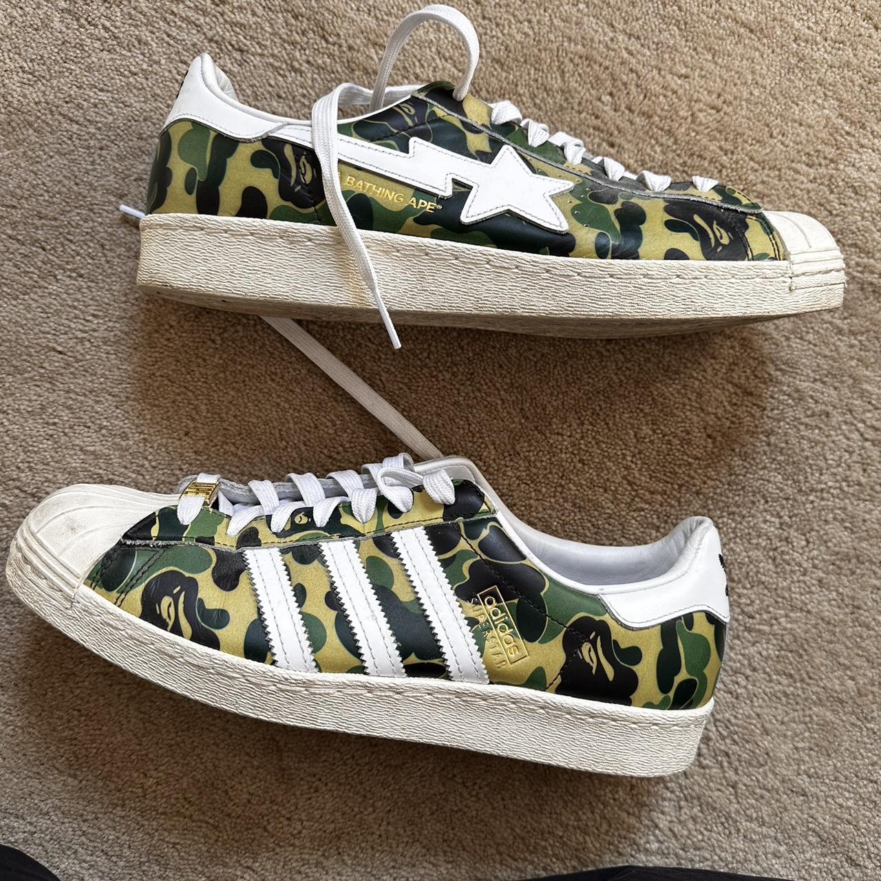 BAPE Men's White and Khaki Trainers | Depop