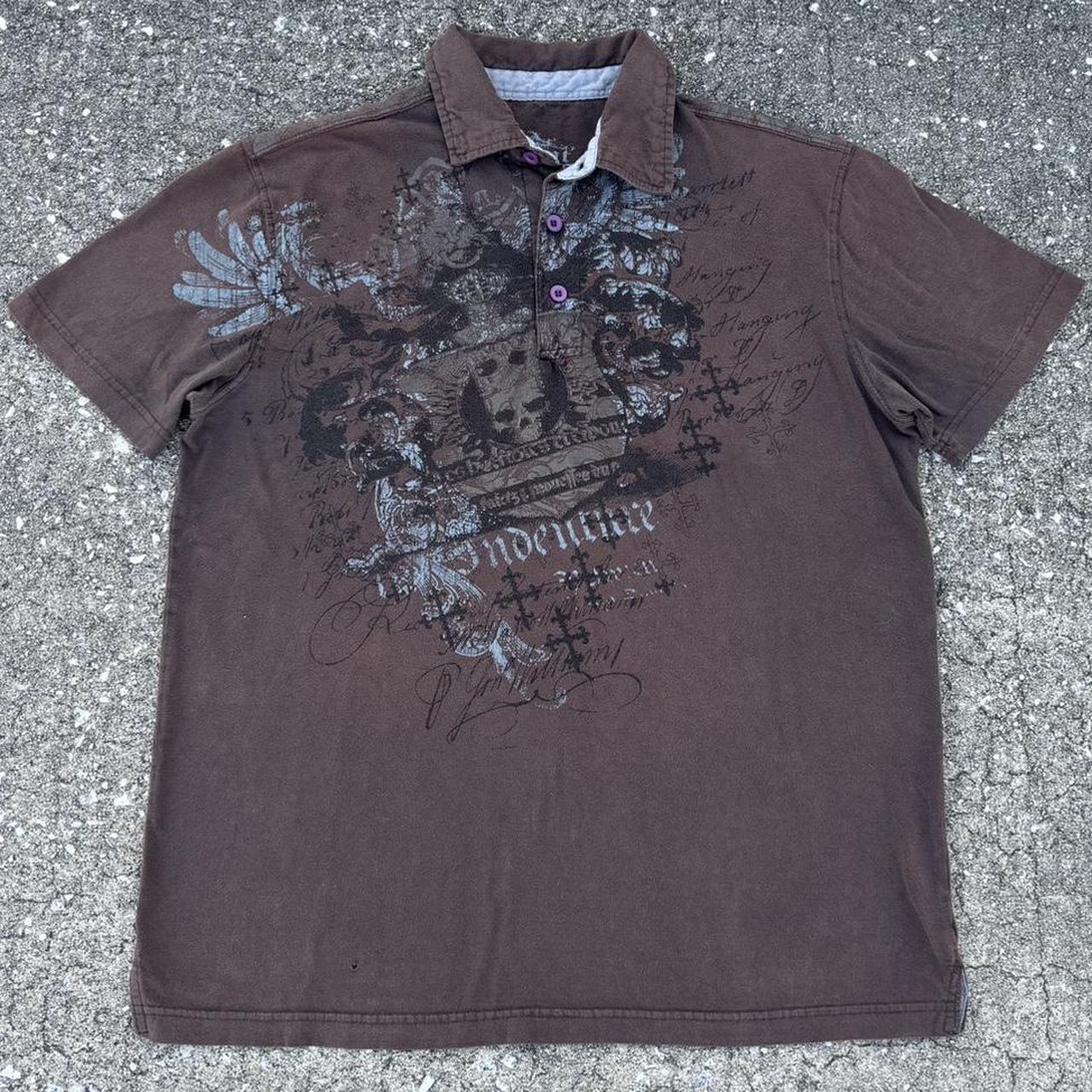 affliction style grunge y2k emo button up size... - Depop
