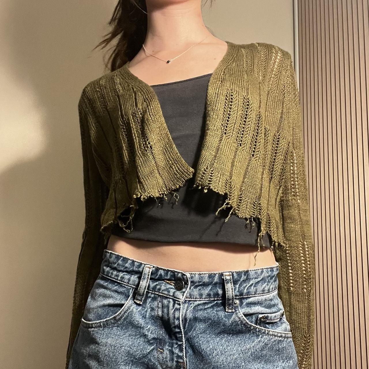 Cute olive green cropped cardigan, size is a small... - Depop