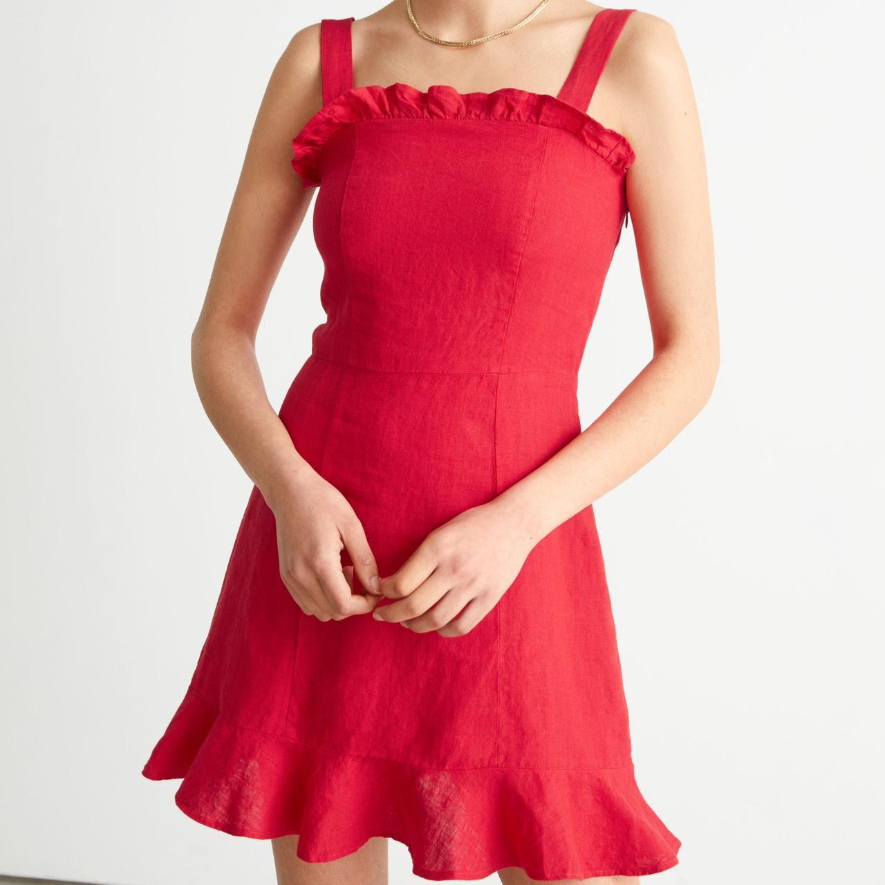 Amazing red pure linen mini dress detailed with a... - Depop