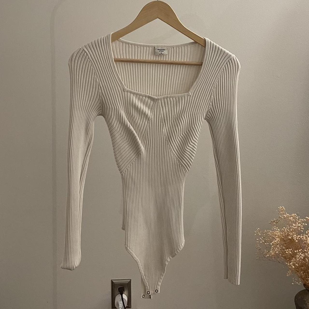 Abercrombie & Fitch Cream Ribbed Bodysuit Size:... - Depop