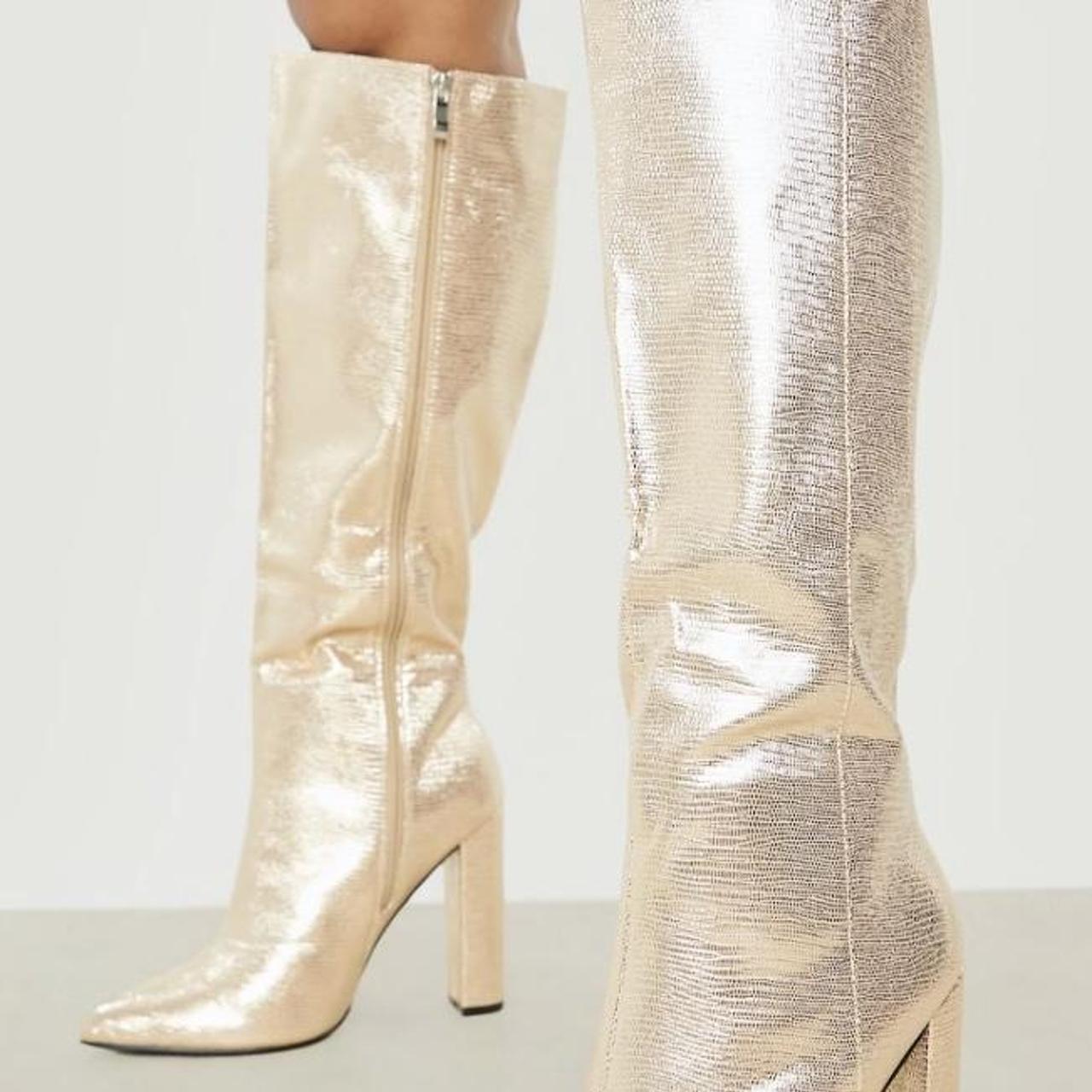 Knee high gold metallic boots, worn once for a disco... - Depop