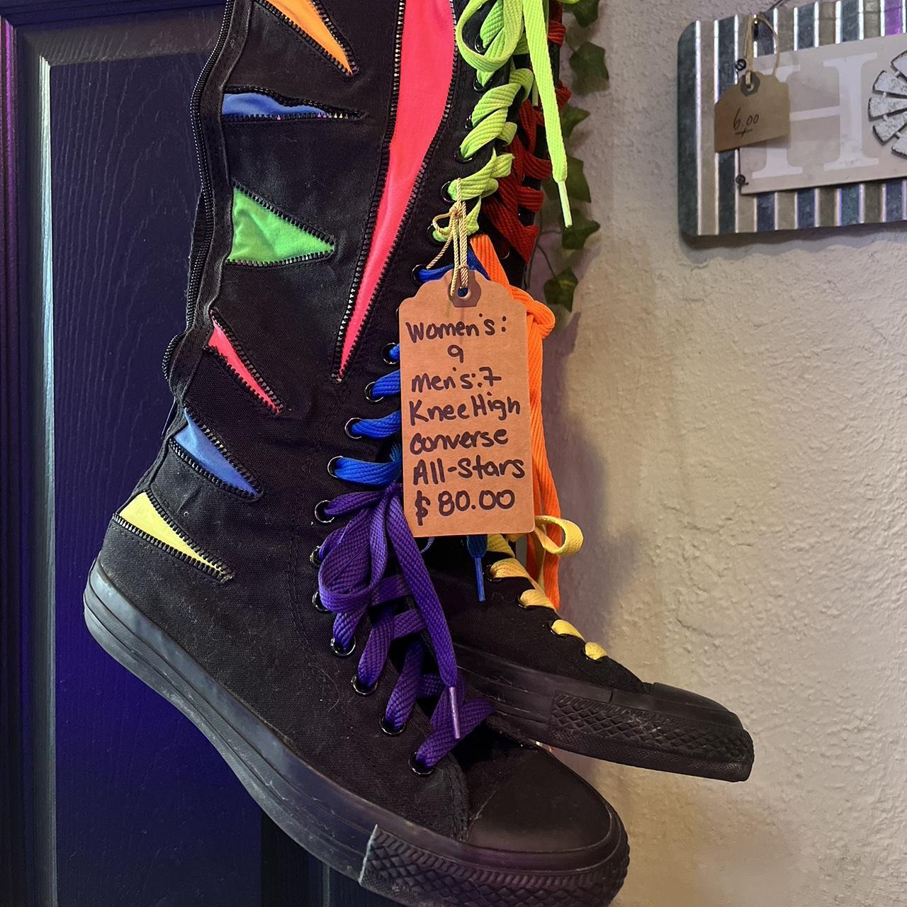 Black and multi-coloured Converse high top boots... | Depop