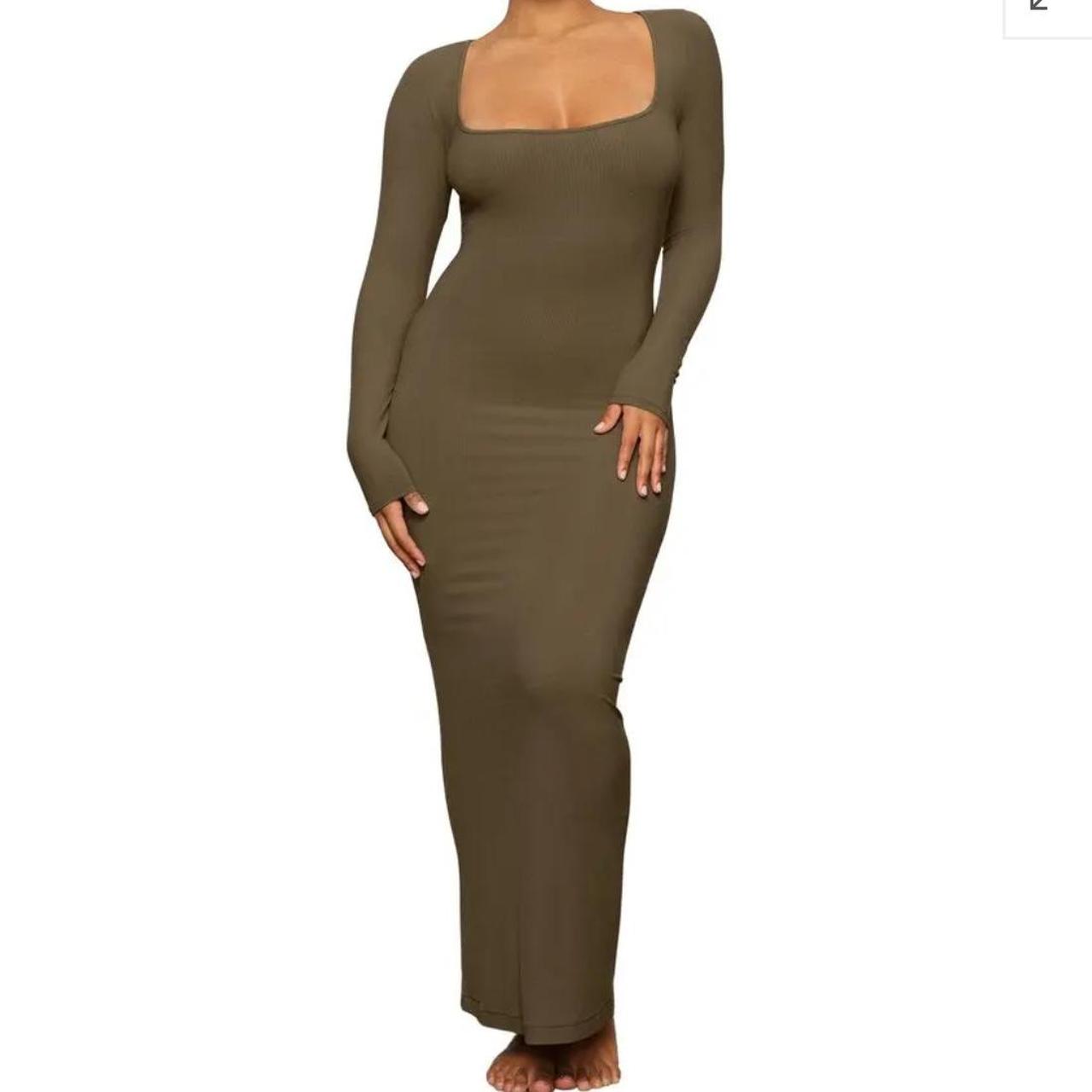 Skims khaki/ olive green ribbed maxi dress Lounge... - Depop