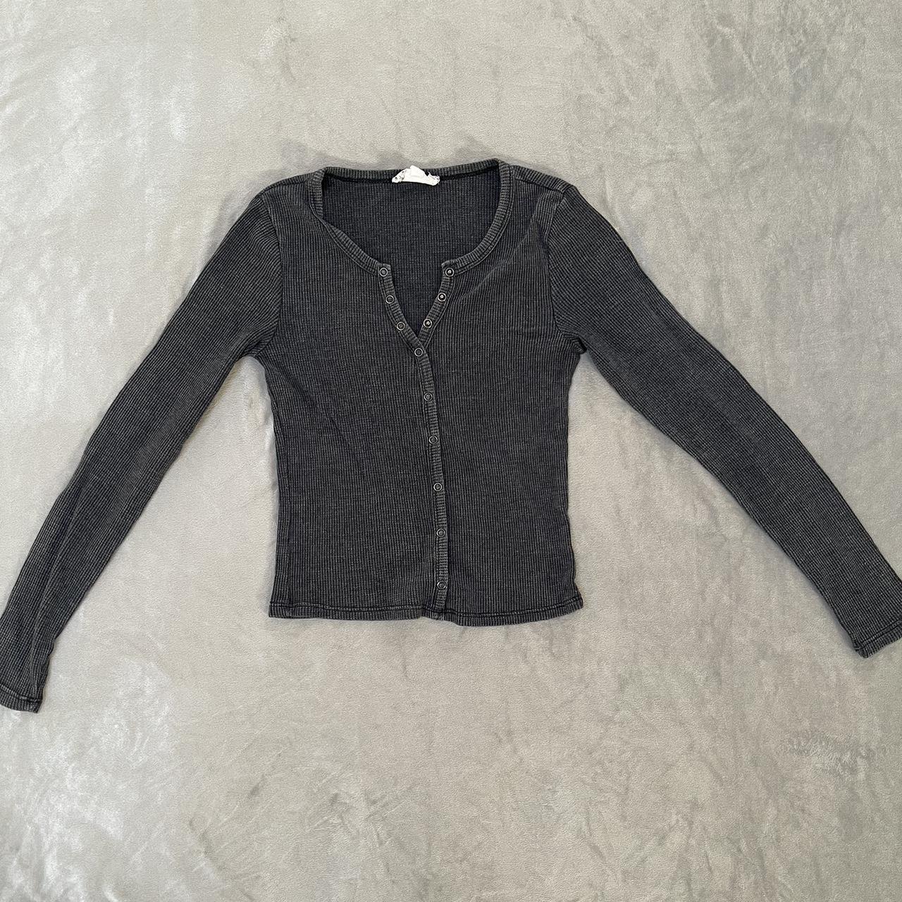 grey button up long sleeve top -size s waist: 13.5in... - Depop