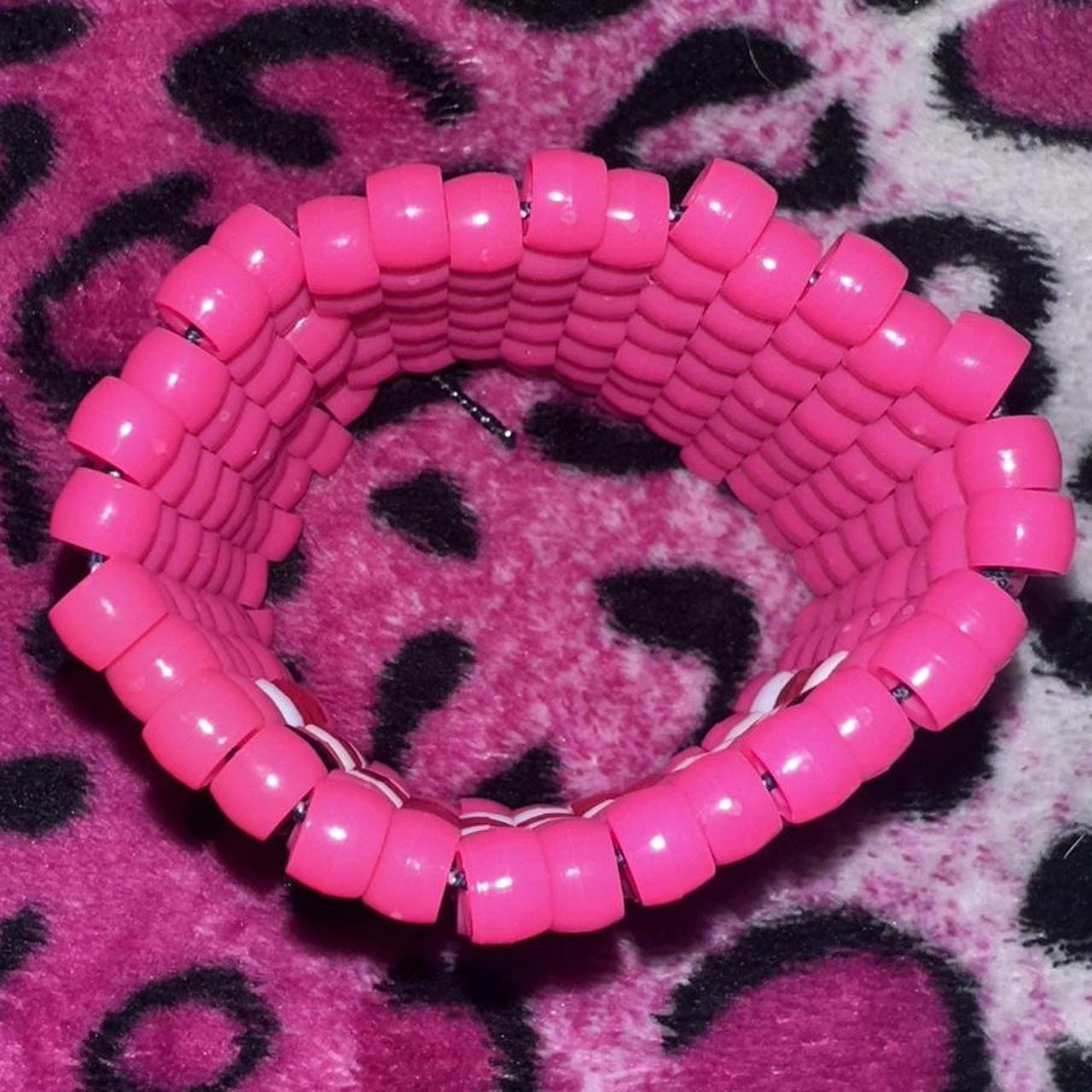 HANDMADE Y2K EMO SCENE RAVE HOT PINK DOMO KANDI CUFF... - Depop