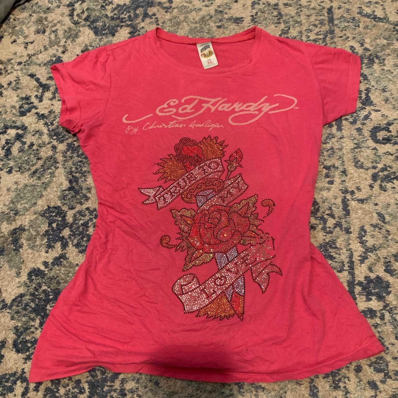 pink ed hardy vintage shirt!! fits like a M but can... - Depop