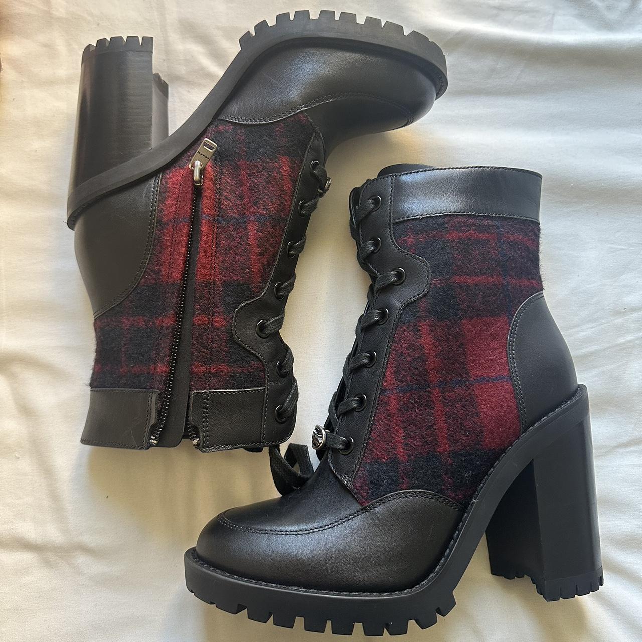COACH Red and black plaid boots with a chunky... | Depop