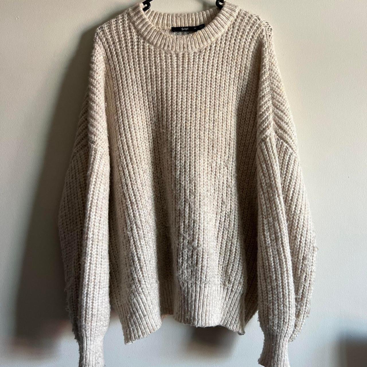 Knitted jumper (oatmeal/ beige) size: M Sportsgirl - Depop