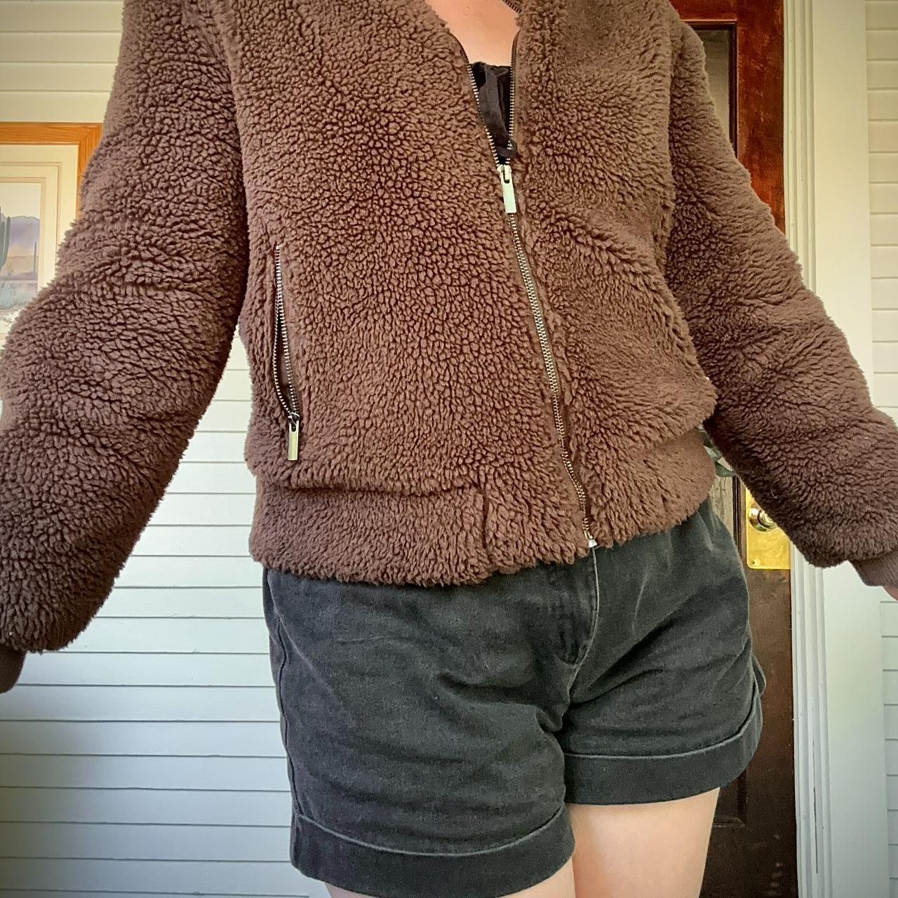 Cute brown fuzzy bomber-like jacket. #cozy... - Depop
