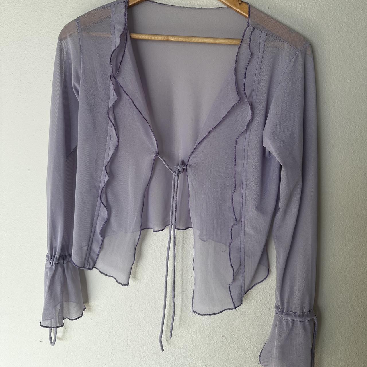 Purple mesh top with ruffles and ties at the bottom... - Depop