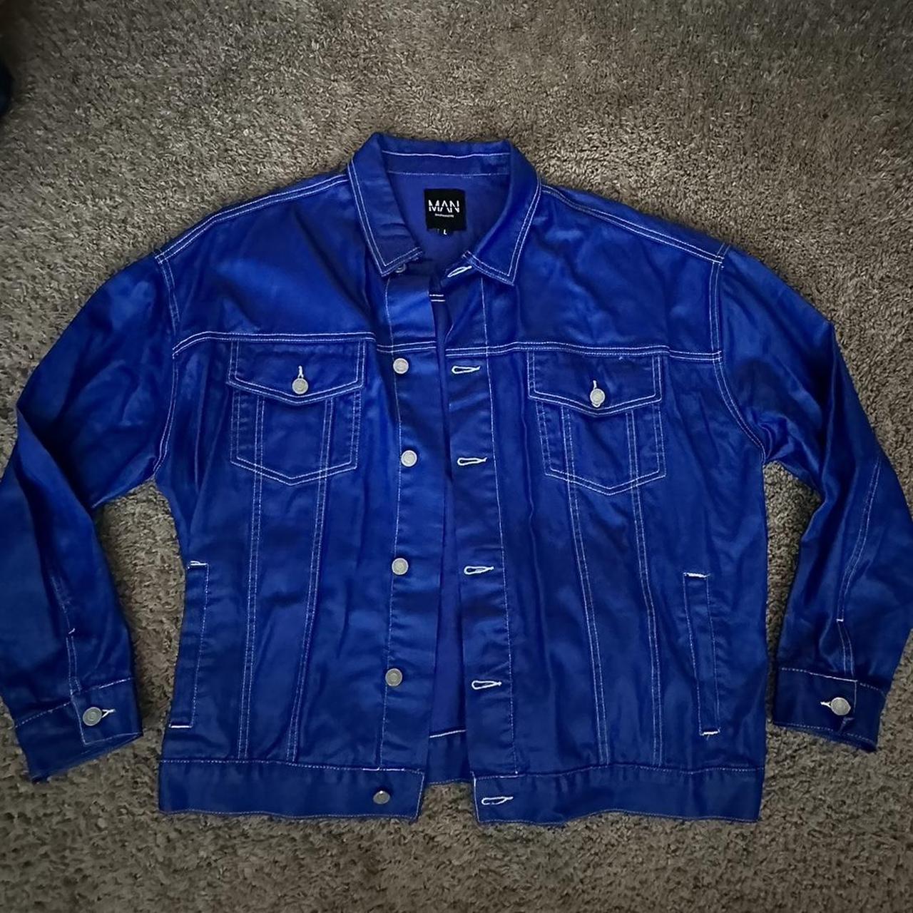 leather jacket in blue size large (men) - Depop