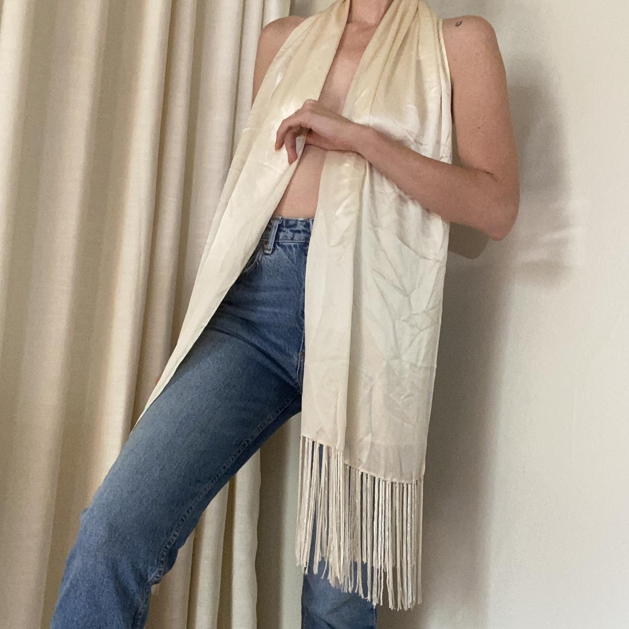 Stunning ivory silk long ivory scarf with fringe and... - Depop