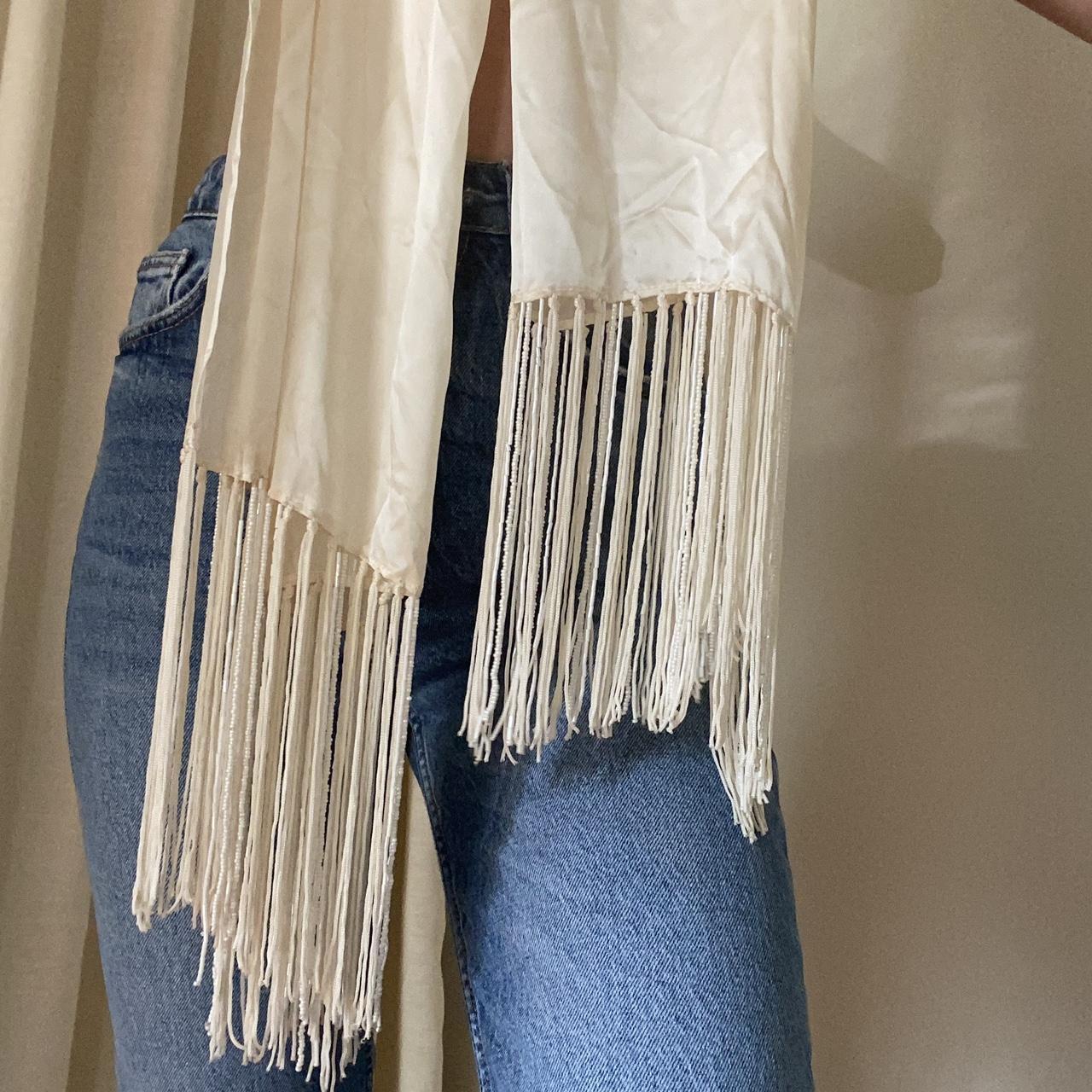Stunning ivory silk long ivory scarf with fringe and... - Depop