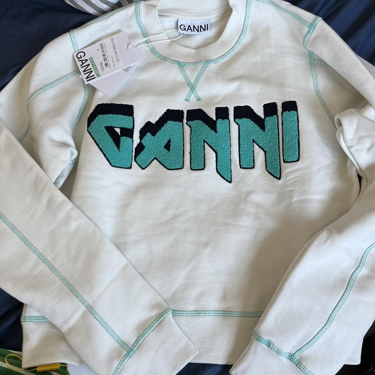 Cream and Green Ganni Logo sweater. Brand new with... - Depop
