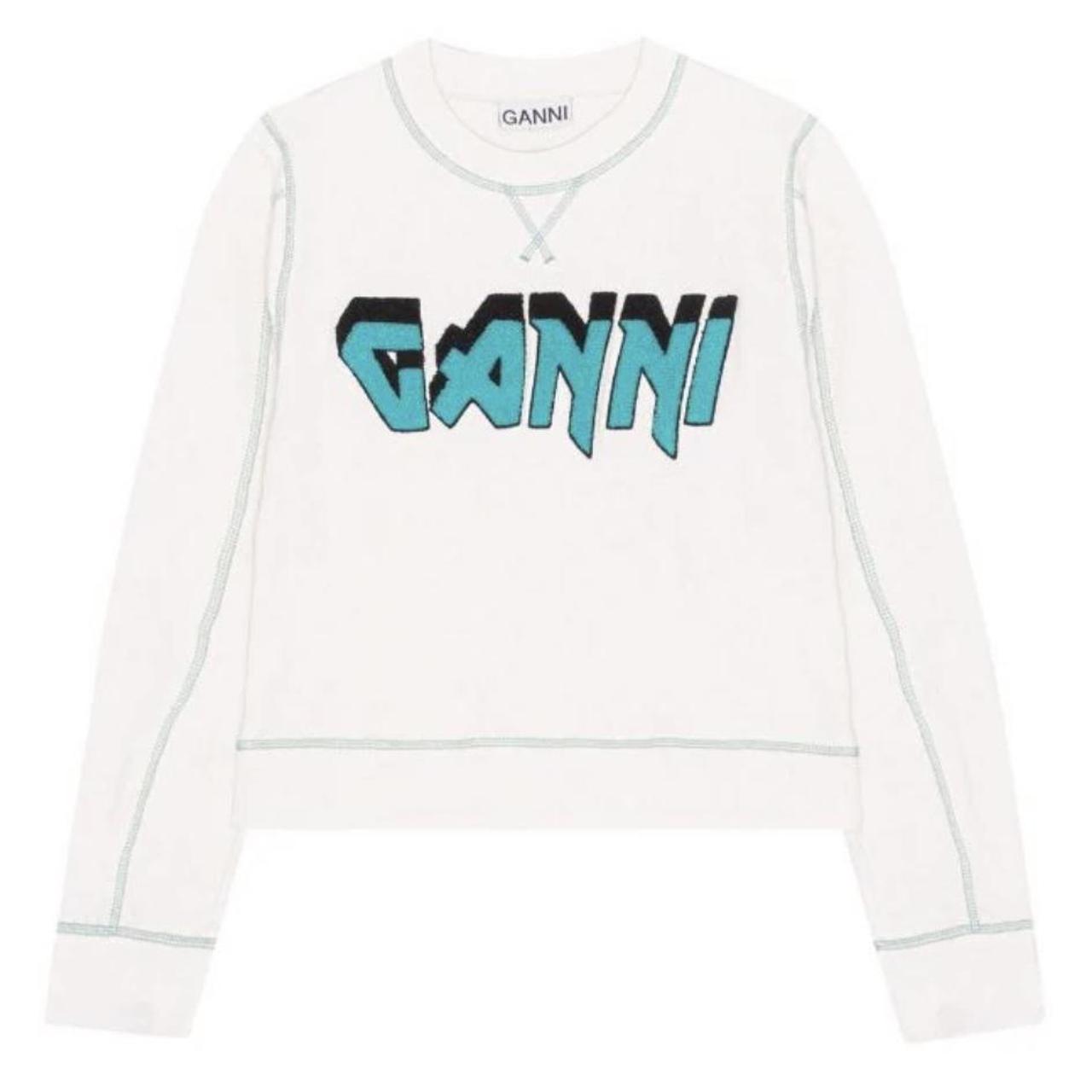 Cream and Green Ganni Logo sweater. Brand new with... - Depop