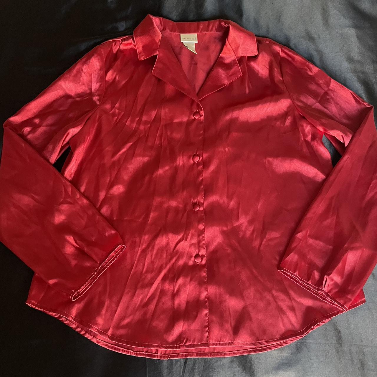 Kim Rogers red silk button up collared top -in great... - Depop