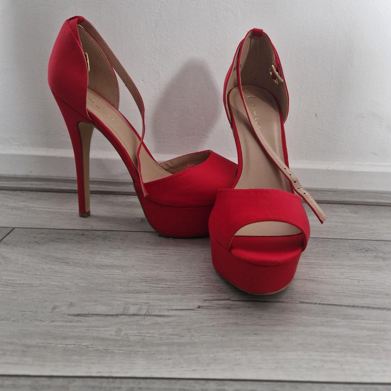 Red Satin Platform Peep Toe Stiletto Heels #newlook... - Depop