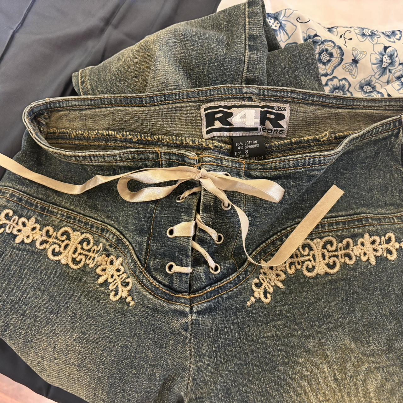 R4R bow design flared jeans super unique, 13 inches... - Depop