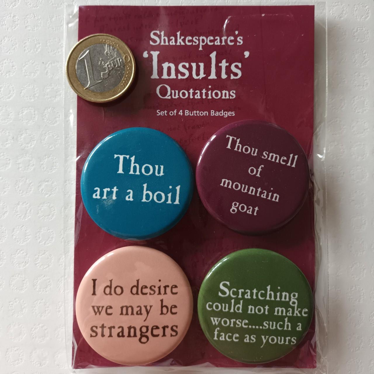 Set of 4 button badges of Shakespeare's 'insults'... - Depop