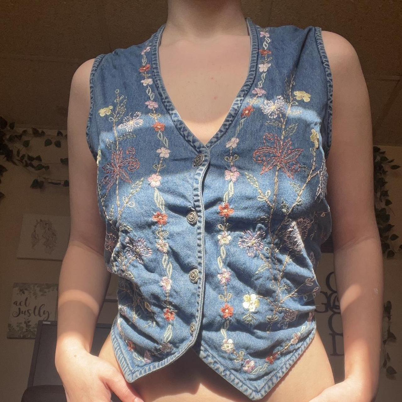 Vintage 90s denim embroidered vest by the brand... - Depop