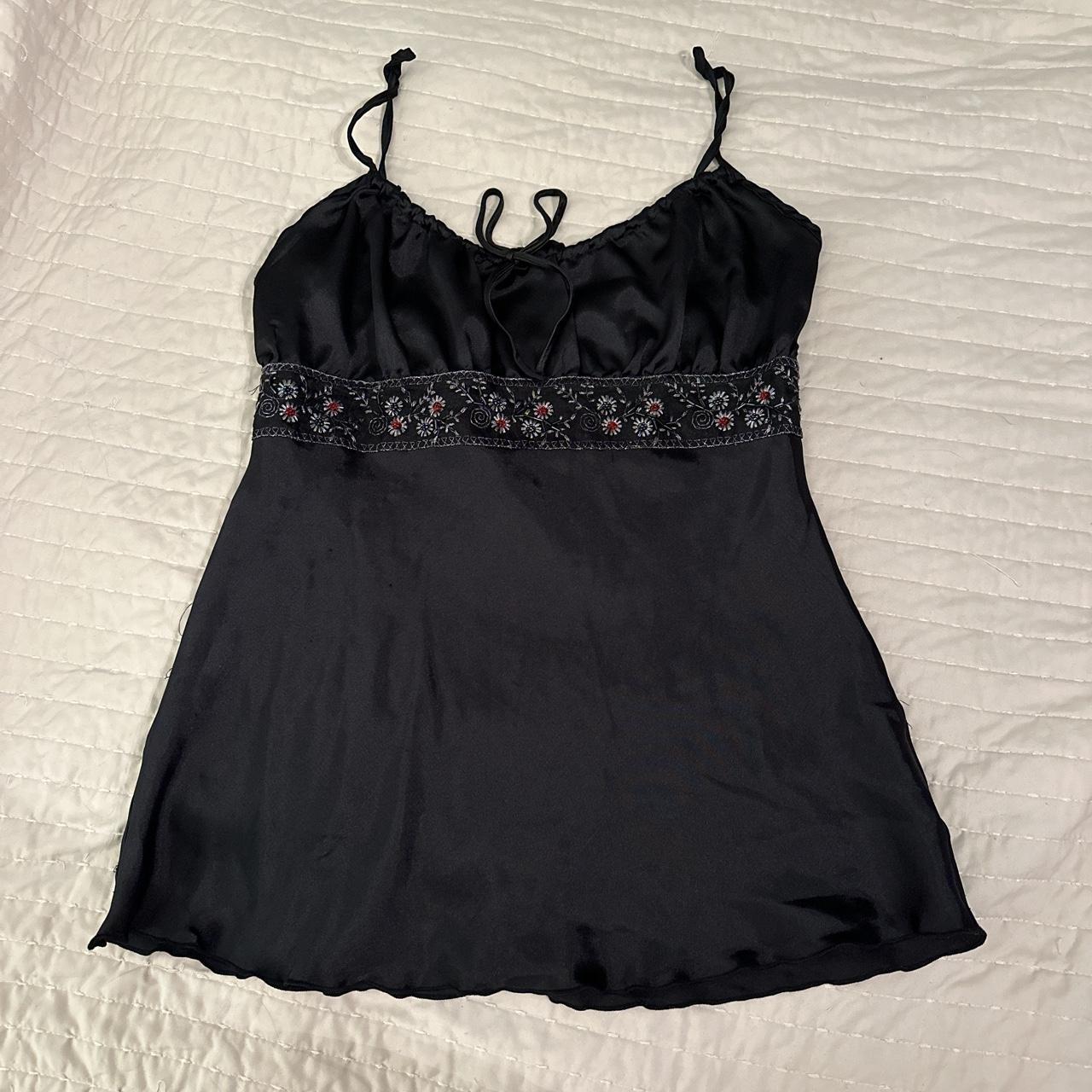 Dess USA~black silky tank top with floral bead work... - Depop