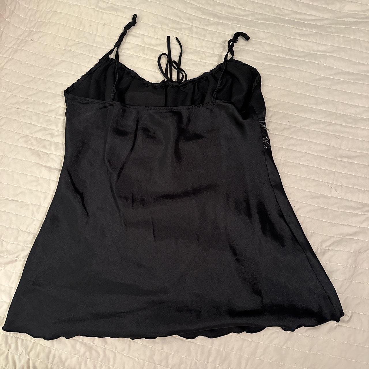 Dess USA~black silky tank top with floral bead work... - Depop