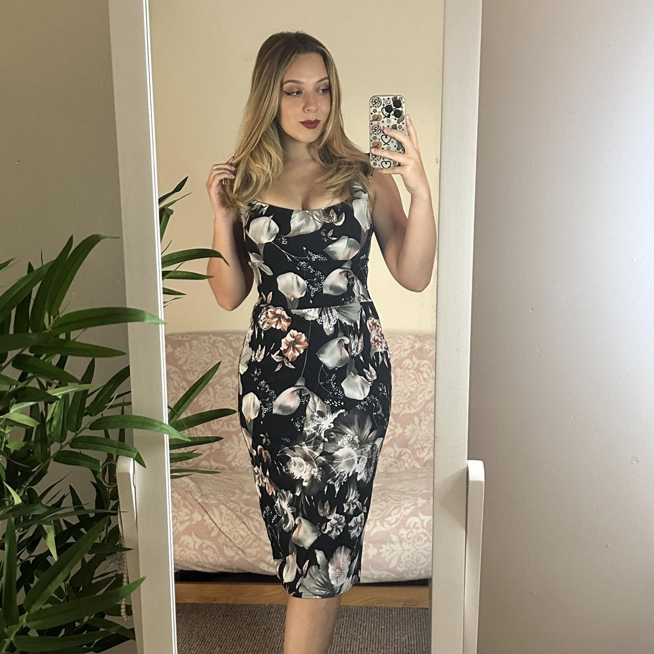 Size 12 Black floral midi pencil dress bodycon... - Depop