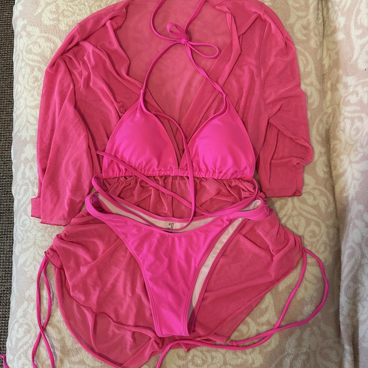 Hot Pink Bikini Set with Matching Mesh Cover-Up –... - Depop