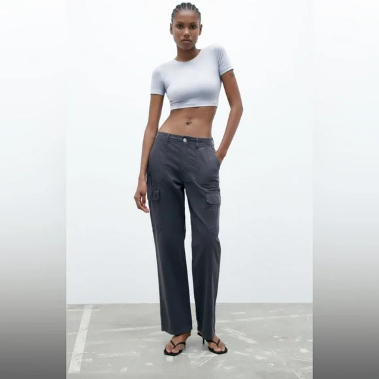 ZARA HIGH RISE TRF STRAIGHT LEG CARGO PANTS - INK... - Depop