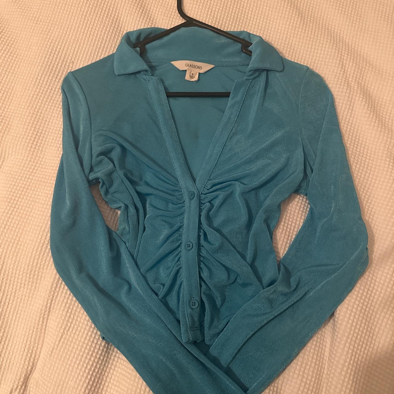 Stunning Turquoise blue ruched button-up silky... - Depop