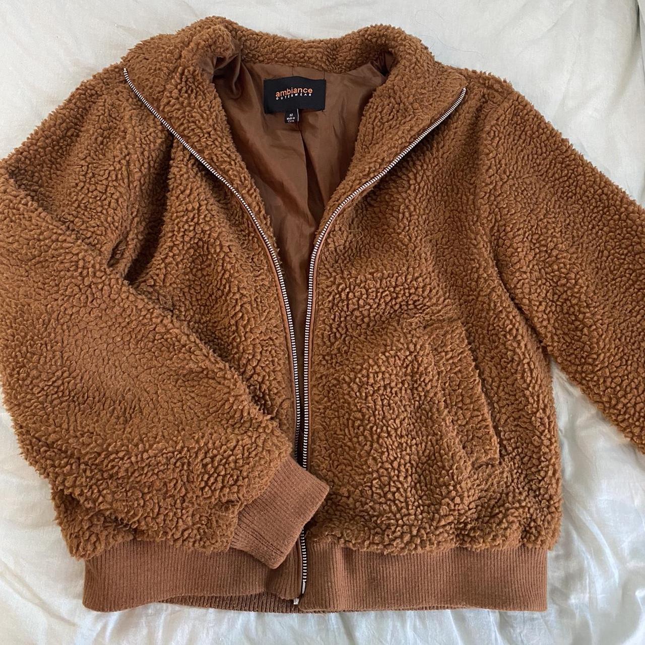 Brown fluffy jacket - Depop
