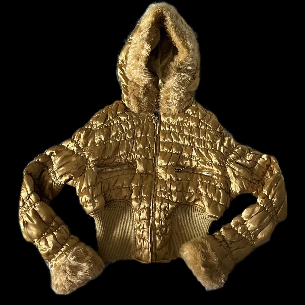 * ON HOLD ~ DO NOT BUY gold y2k faux fur hooded crop... | Depop