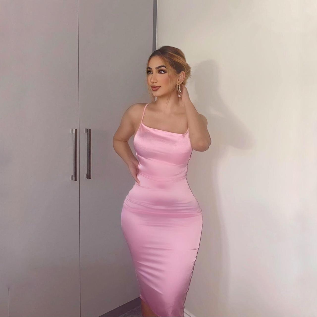 Light Pink Satin Midi Dress -Lace up back -Midi... - Depop