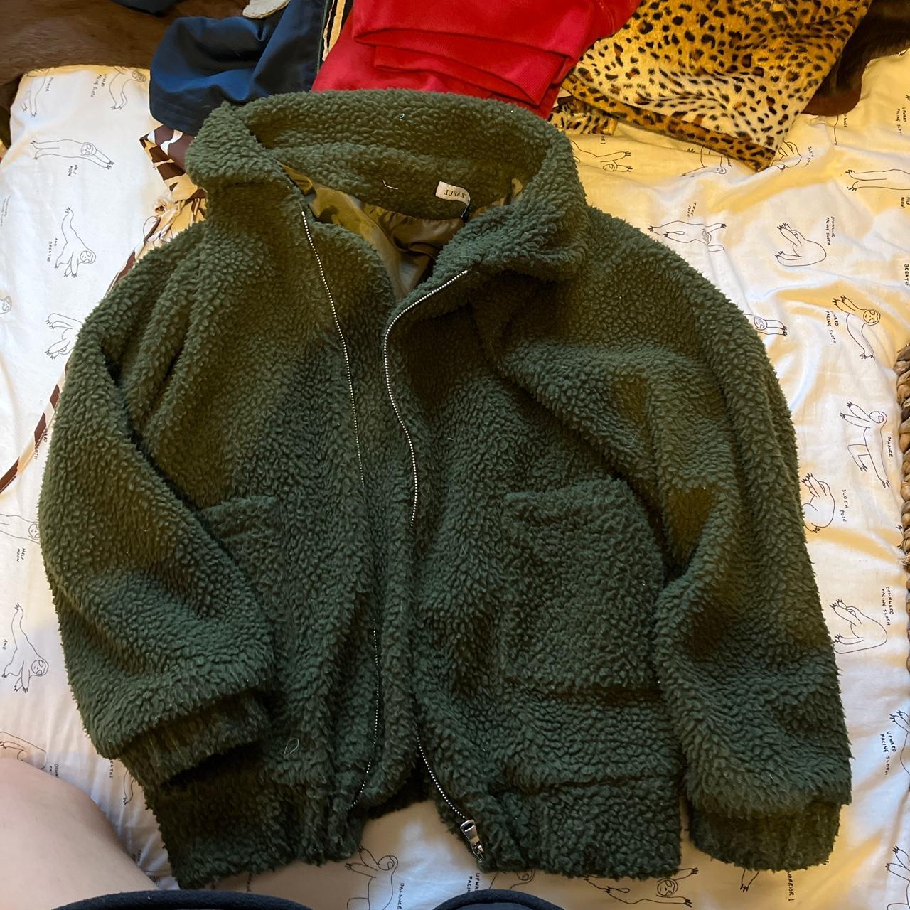green teddy bear jacket size medium perfect... - Depop