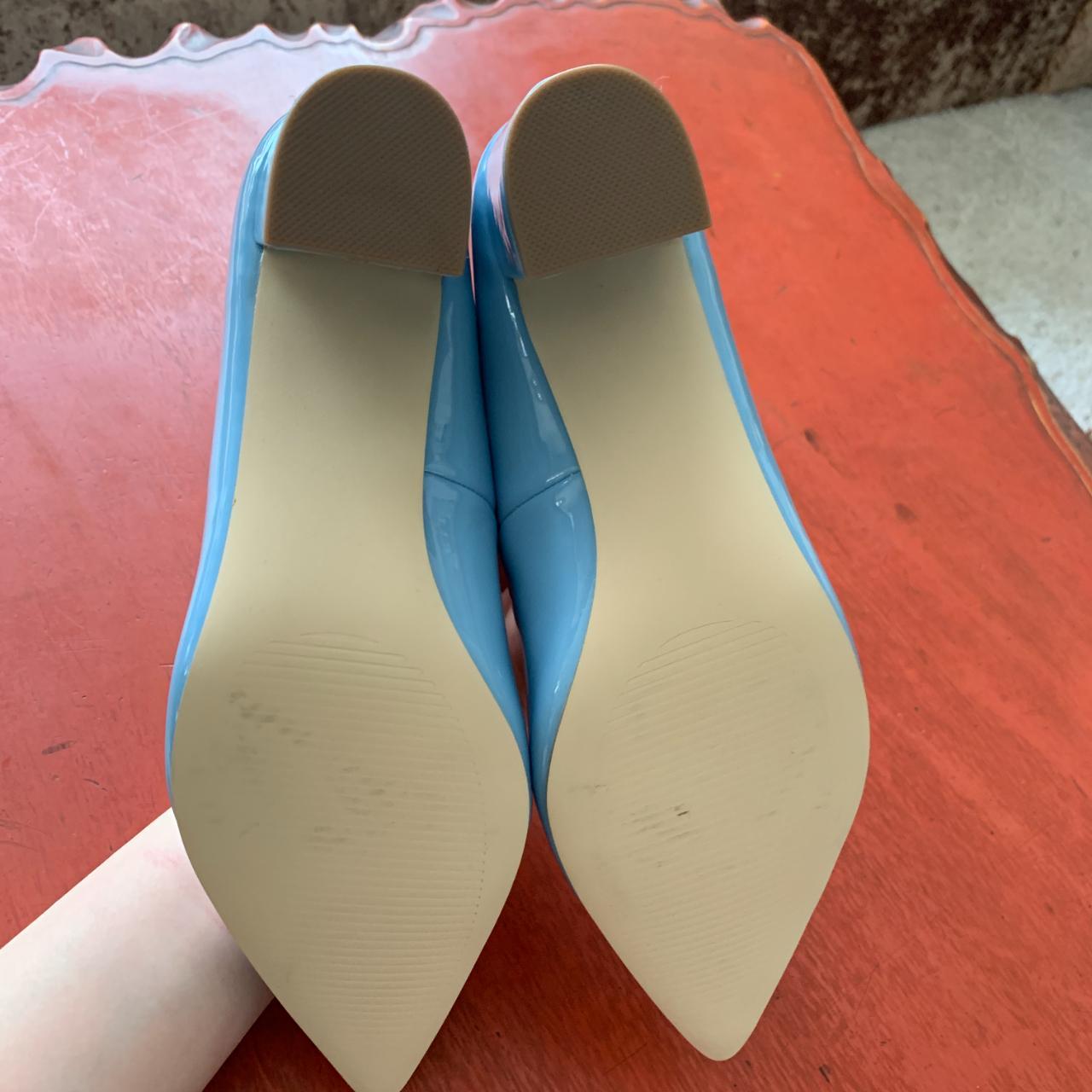 shiny pastel blue pumps with chunky heel from just... - Depop