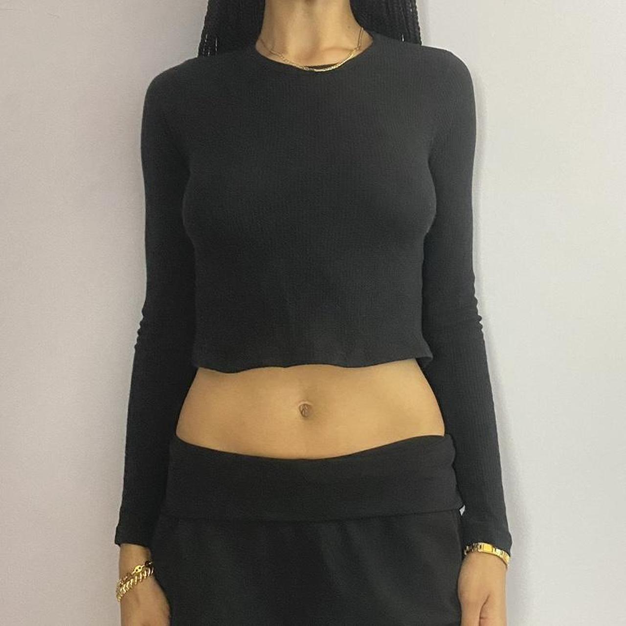 black waffle print longsleeve crop top basic black... - Depop
