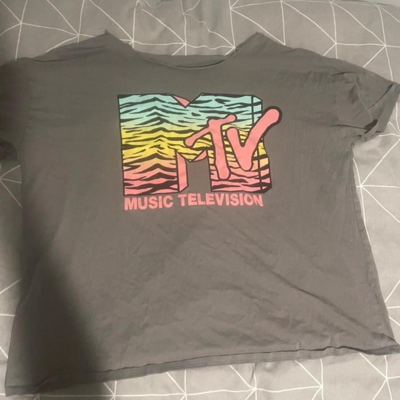 Grey and pink MTV song off the shoulder tee. Wear as... | Depop