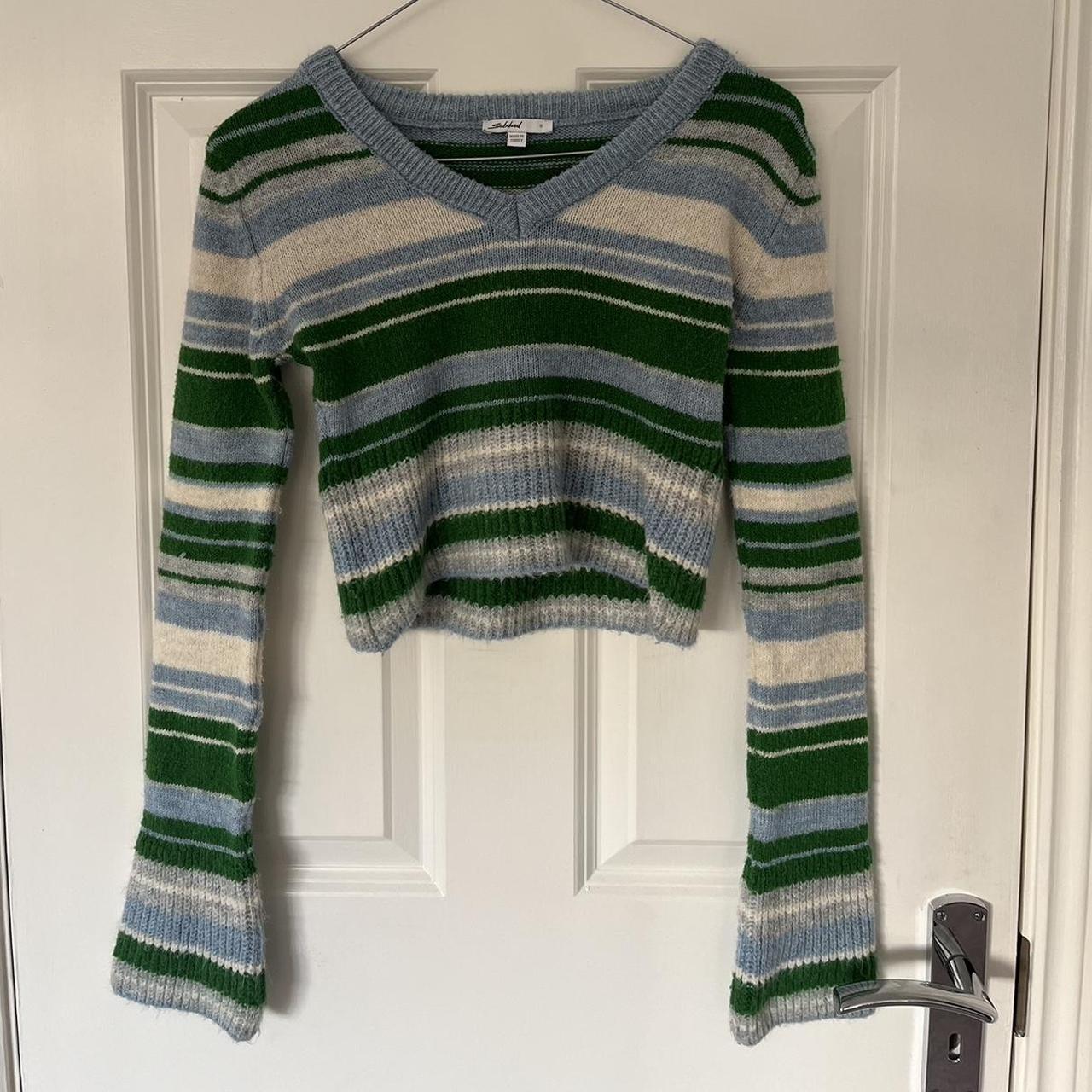 Subdued knit jumper Cream, green and light blue... - Depop