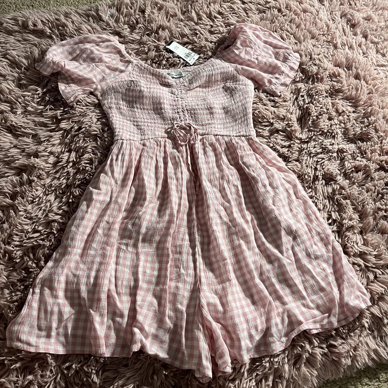 pastel pink and plaid milkmaid style romper!! this... - Depop