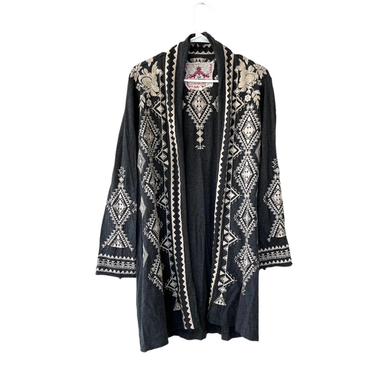 Johnny Was Long grey embroidered boho cardigan size... - Depop