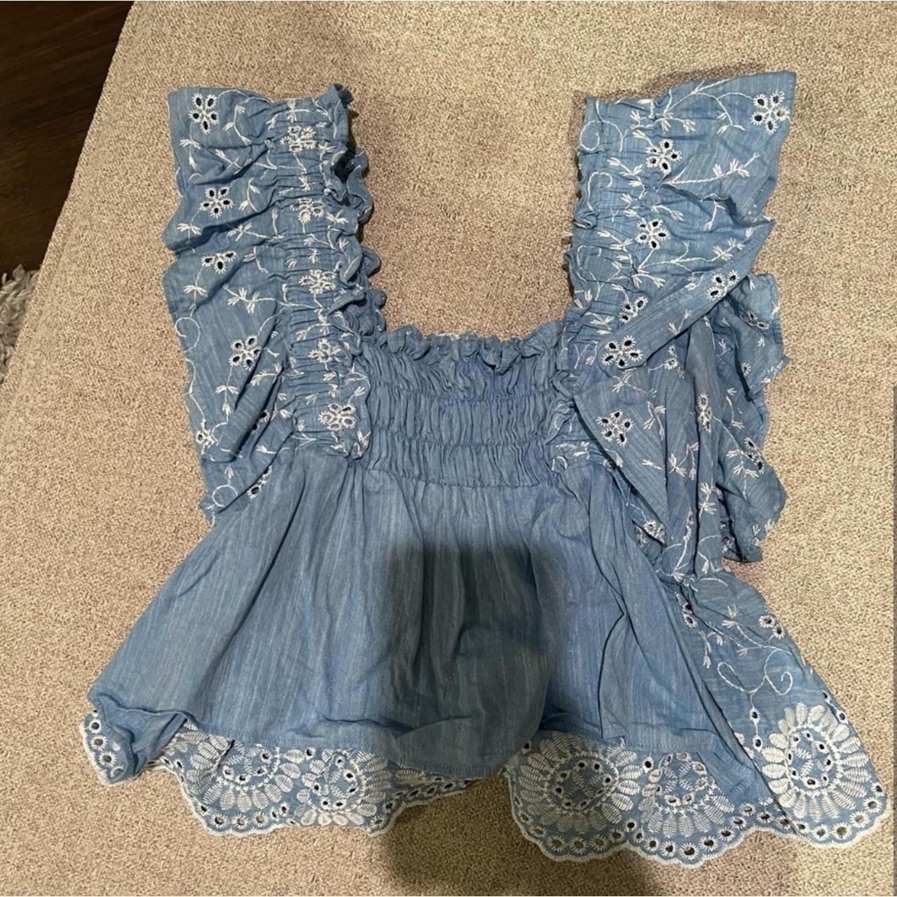 Zara Blue and White Ruffle Smocked Embroidered Tank Top - Depop