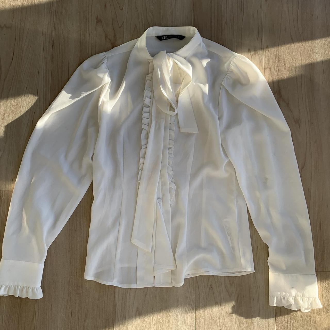 Zara button up white blouse with ruffled detail.... - Depop