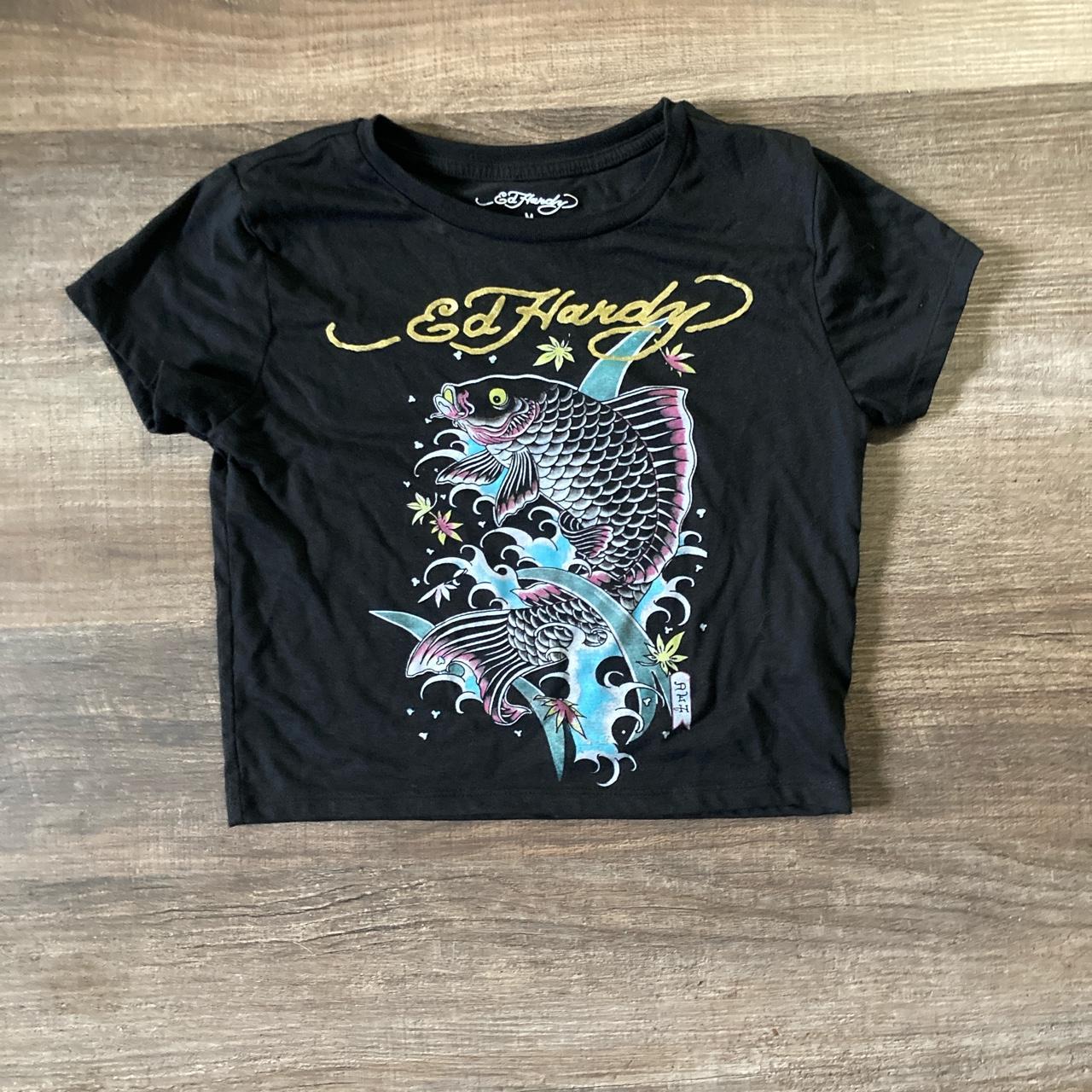 Ed hardy fish shirt Cropped, marked as size medium... - Depop