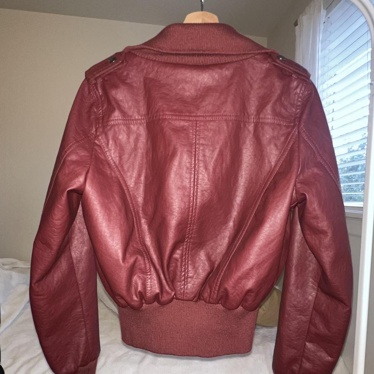 Burgundy red leather jacket Says Large but fits... - Depop