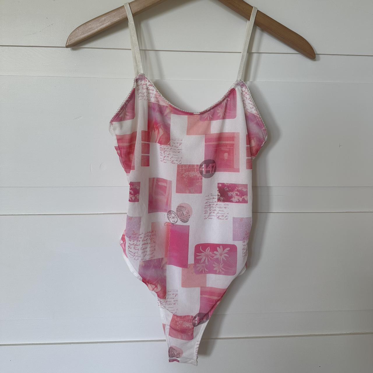 Glassons Body suit Pink/ White with beach collage... - Depop